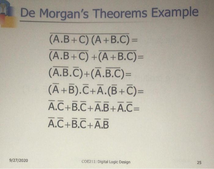 Solved De Morgan's Theorems Example (A.B+C) (A+B.C)= (A.B+C) | Chegg.com