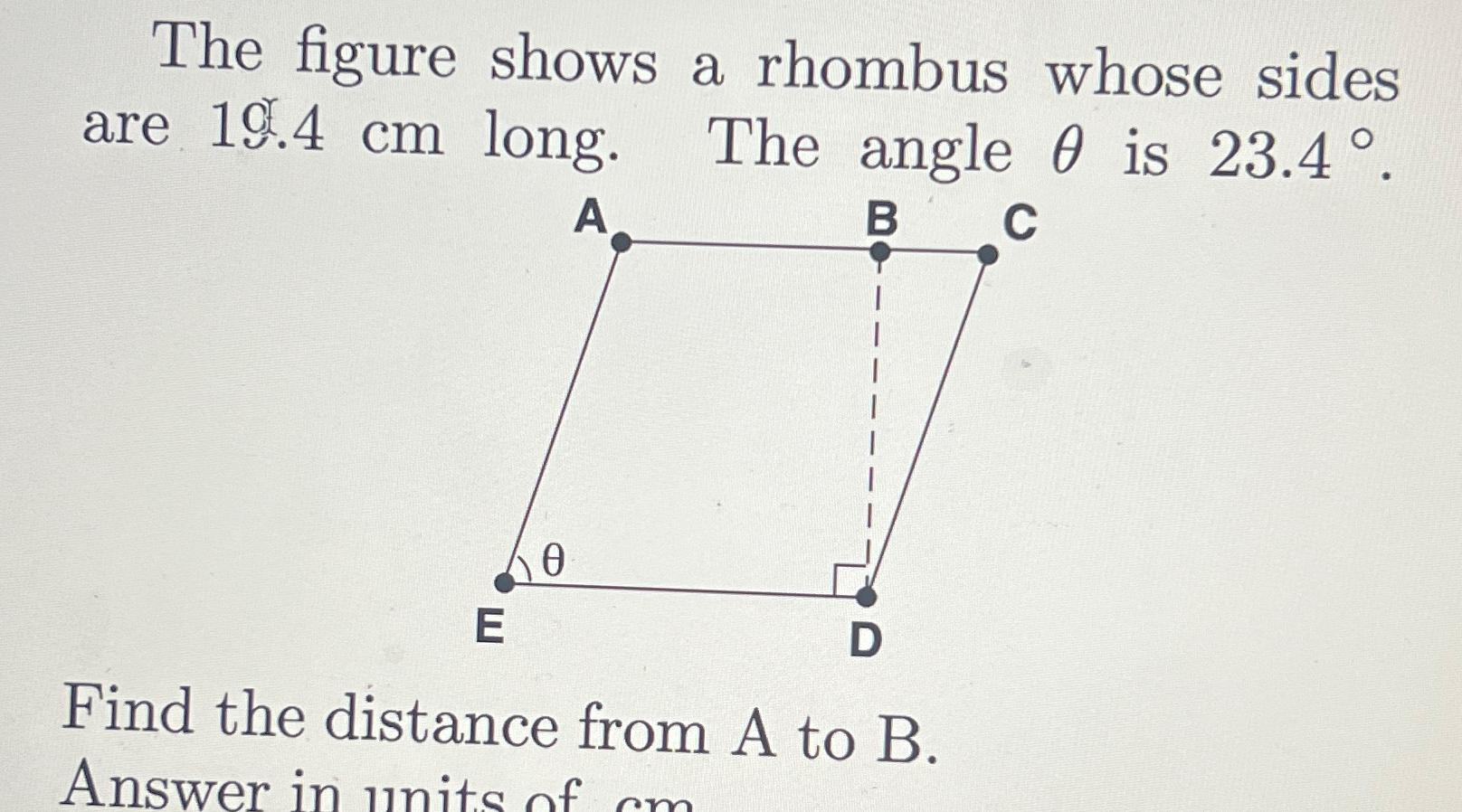 Solved The figure shows a rhombus whose sides are 10.4cm | Chegg.com