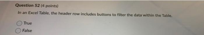 Solved Question 52 (4 points) In an Excel Table, the header | Chegg.com