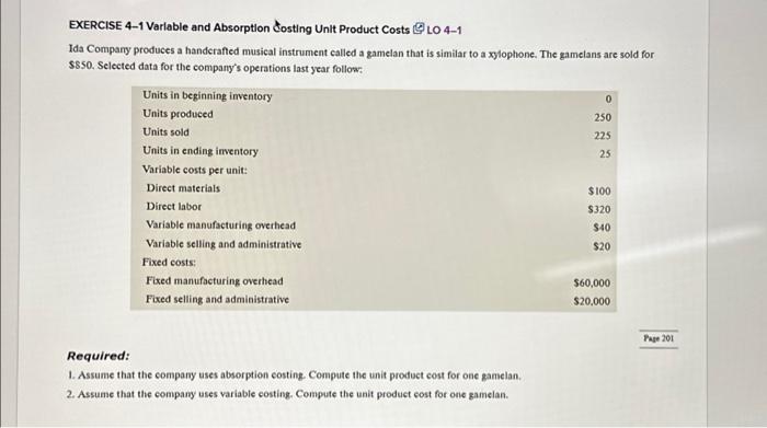 Solved EXERCISE 4-1 Varlable and Absorption Costing Unit | Chegg.com