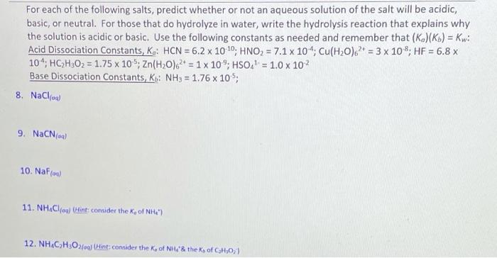 Solved For each of the following salts, predict whether or | Chegg.com