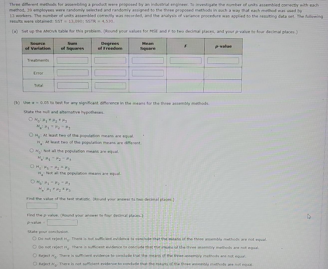 Solved Three different methods for assembling a product were | Chegg.com