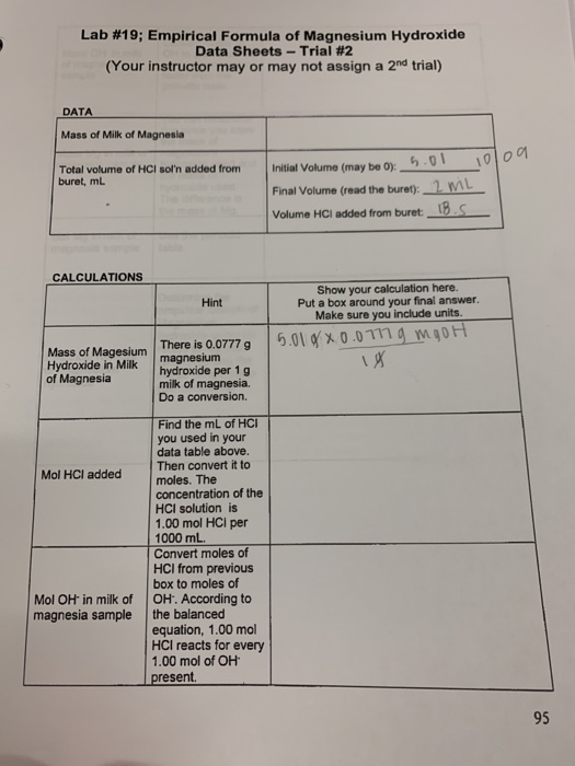 Solved As Lab #19; Empirical Formula of Magnesium Hydroxide | Chegg.com