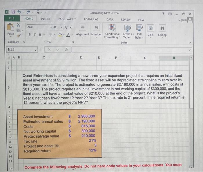 Solved 3日の Calculating NPV - Excel ? X FILE HOME INSERT PAGE | Chegg.com