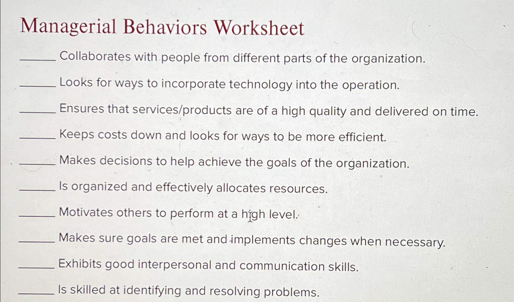 Solved Managerial Behaviors WorksheetCollaborates with | Chegg.com