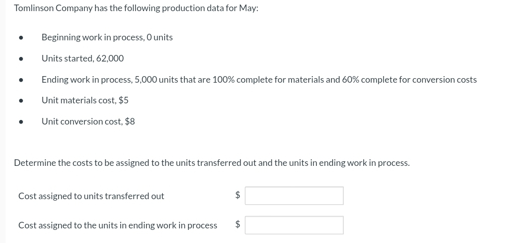 Solved Tomlinson Company has the following production data | Chegg.com