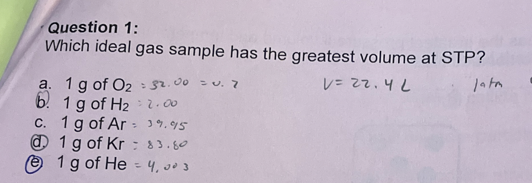 Solved Question 1:Which ideal gas sample has the greatest | Chegg.com