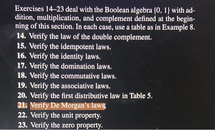 Solved Exercises 14−23 deal with the Boolean algebra {0,1} | Chegg.com