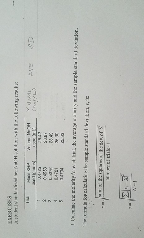 Solved EXERCISES A student standardized her NaOH solution | Chegg.com