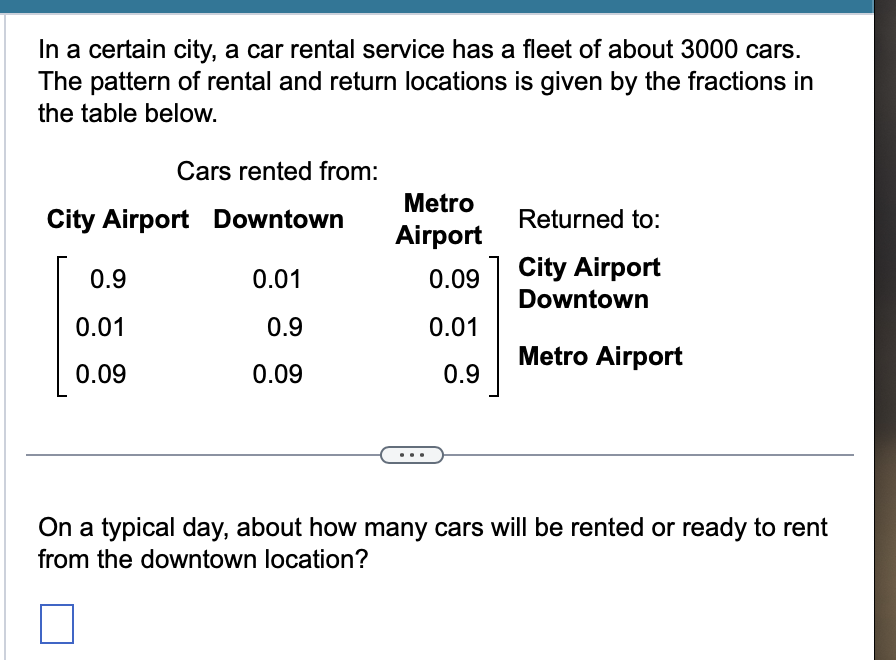 Solved In a certain city, a car rental service has a fleet | Chegg.com