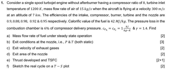 Solved = 1 1. Consider a single spool turbojet engine | Chegg.com