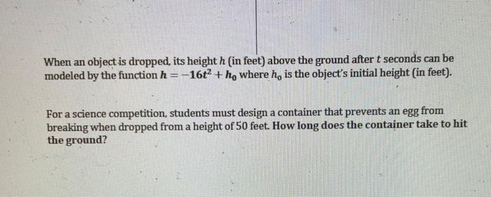 Solved When an object is dropped, its height h in feet) | Chegg.com