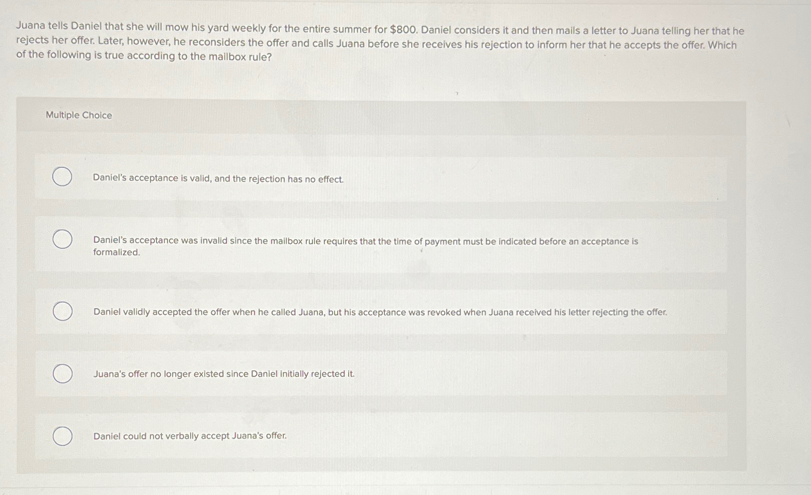 Solved Juana tells Daniel that she will mow his yard weekly | Chegg.com