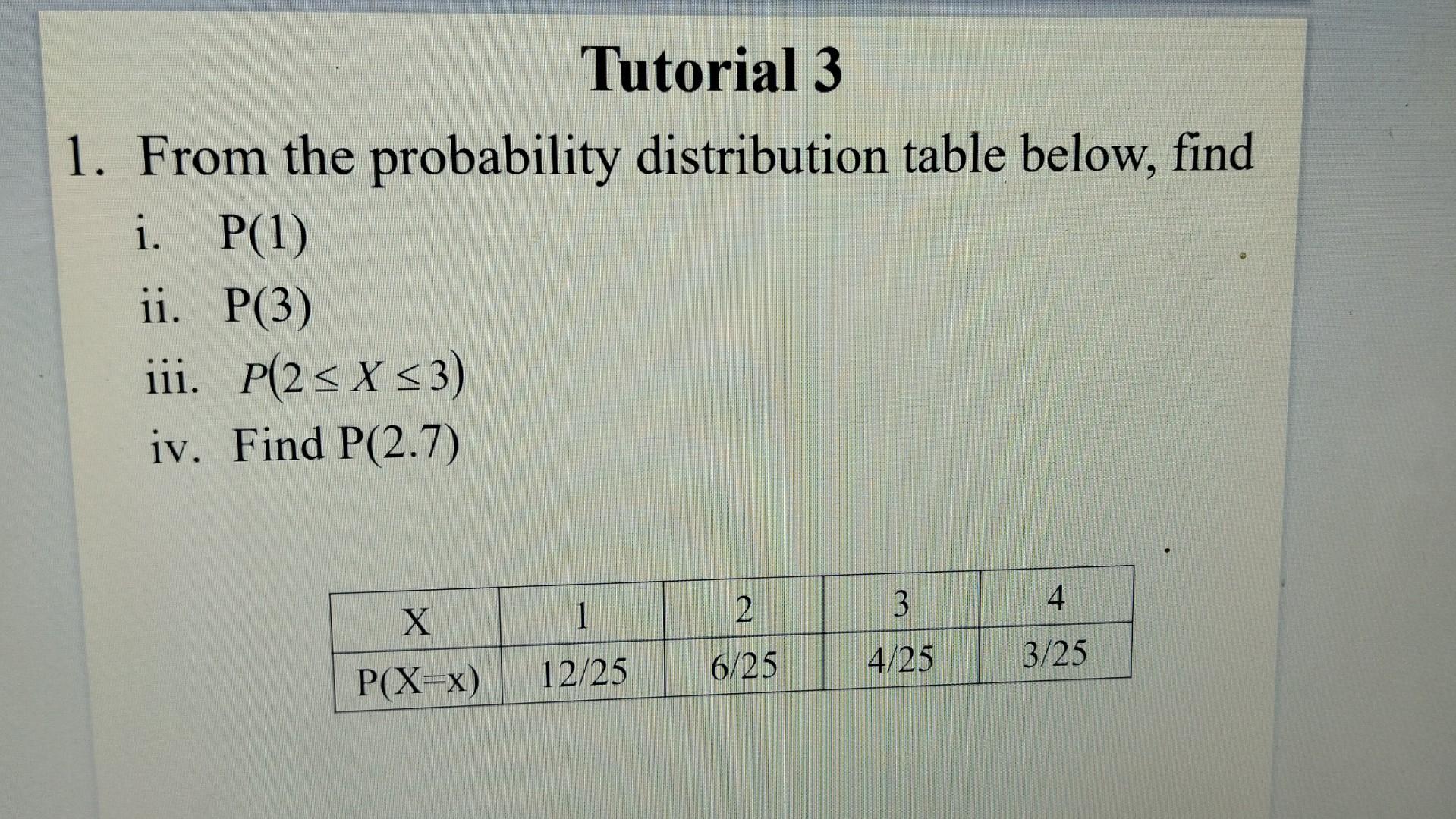 Solved 1. From the probability distribution table below, | Chegg.com