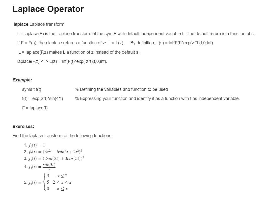 Solved laplace Laplace transform. L = laplace(F) is the | Chegg.com