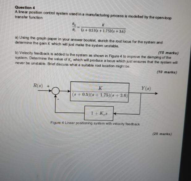 Solved Question 4 A linear position control system used in a | Chegg.com