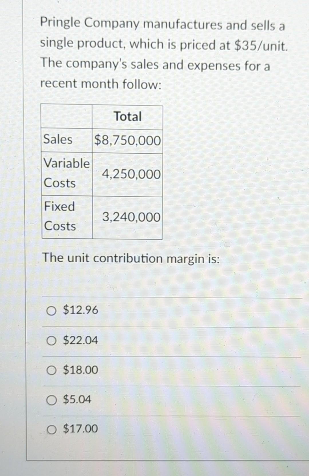 Solved Pringle Company manufactures and sells a single | Chegg.com