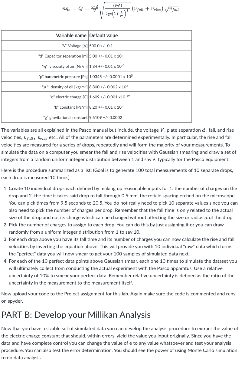 Solved Need help coding this in Python for Millikan Oil Drop | Chegg.com