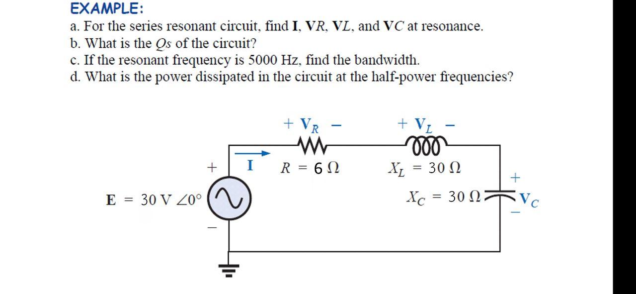Solved EXAMPLE: a. For the series resonant circuit, find I, | Chegg.com