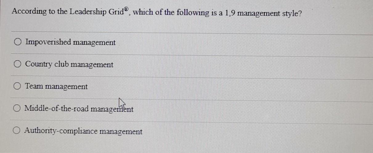 Solved According to the Leadership Grid ?®, ﻿which of the | Chegg.com