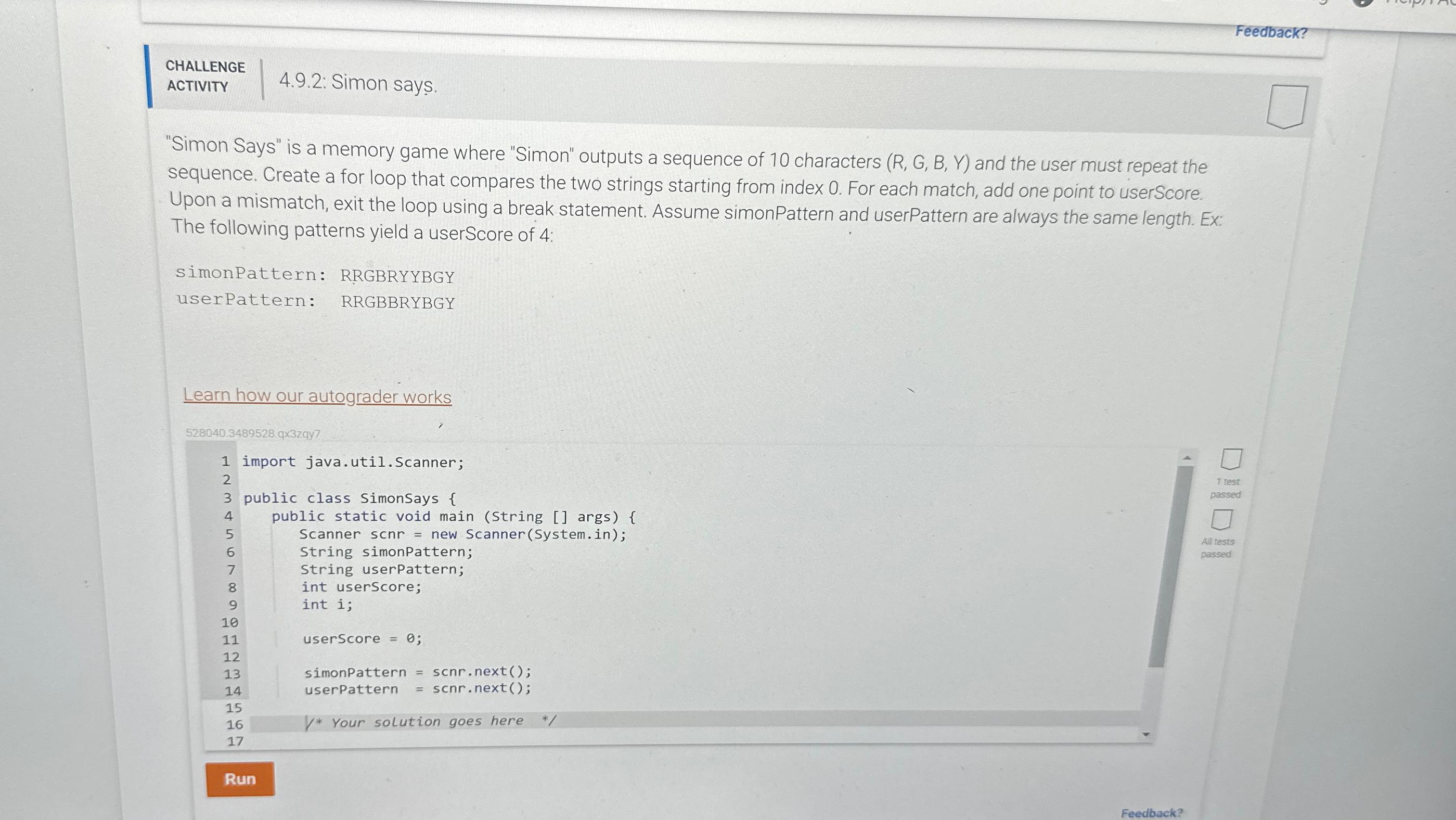 Solved Feedback?CHALLENGEACTIVITY4.9.2: Simon says."Simon | Chegg.com