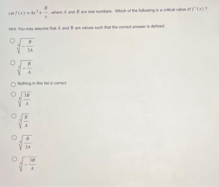 Solved Let f(x)=Ax3+xB, where A and B are real numbers. | Chegg.com