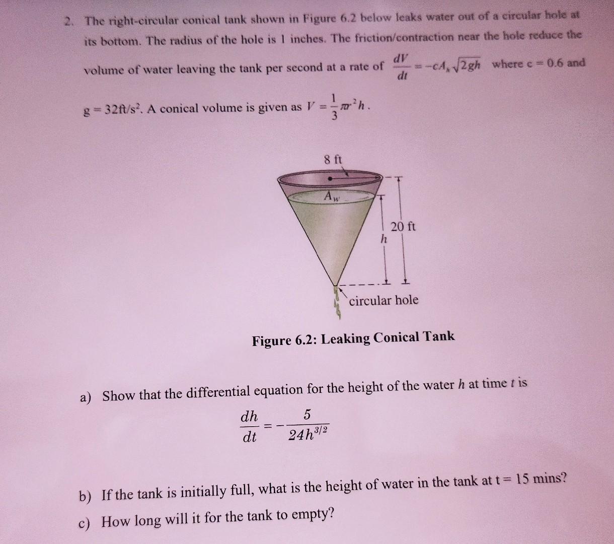 Solved 2. The right-circular conical tank shown in Figure | Chegg.com