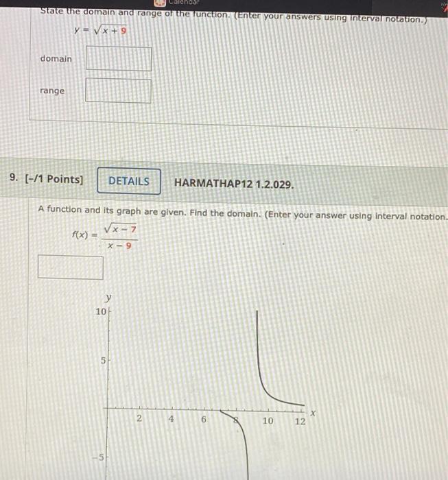 Solved y=x+9 domain range [−11 Points] HARMATHAP12 1.2.029. | Chegg.com