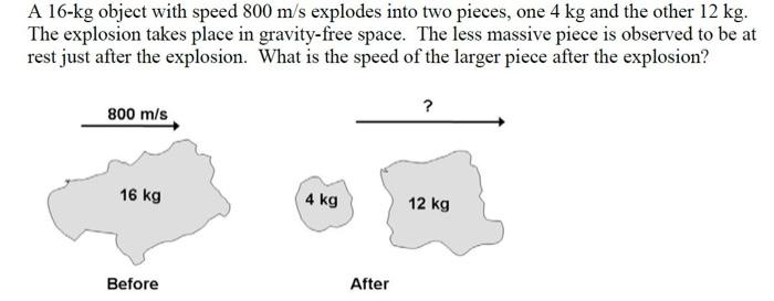 Solved A 16-kg object with speed 800 m/s explodes into two | Chegg.com