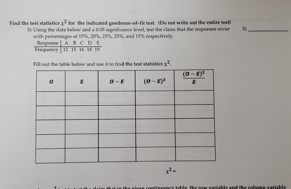 Solved 3) Find the test statistics x2 for the indicated | Chegg.com