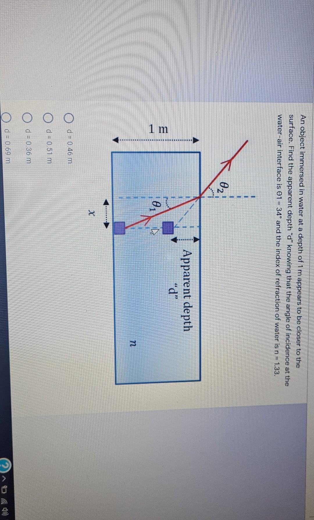 Solved An object immersed in water at a depth of 1m appears | Chegg.com