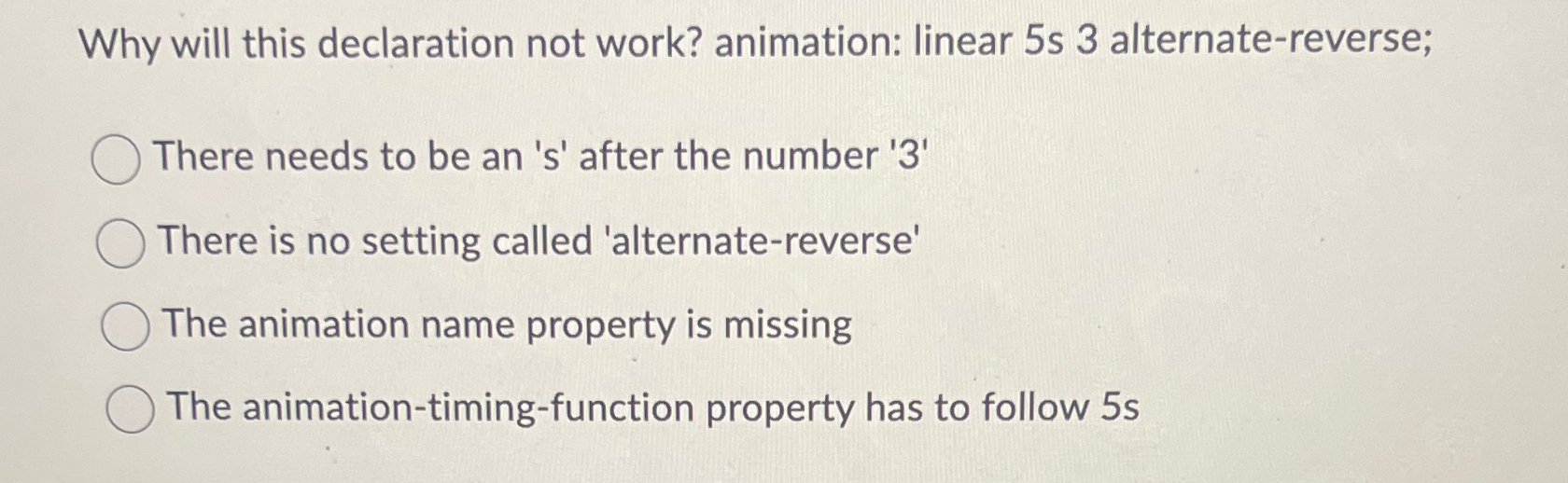 Solved Why will this declaration not work? animation: linear | Chegg.com