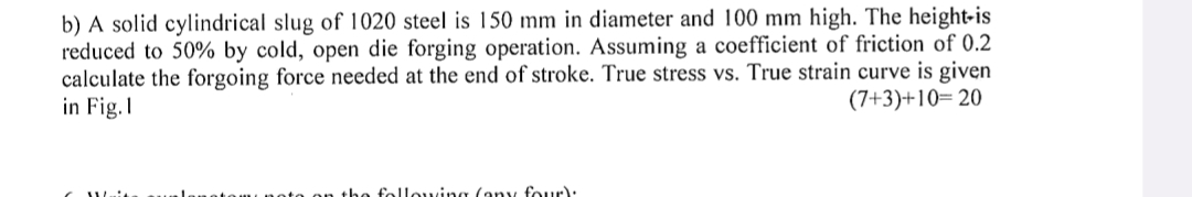 Solved b) ﻿A solid cylindrical slug of 1020 ﻿steel is 150mm | Chegg.com