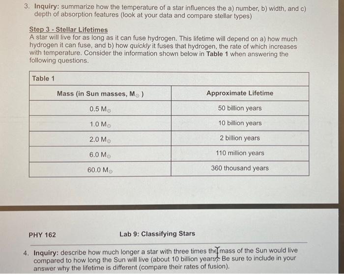Solved 3. Inquiry: summarize how the temperature of a star | Chegg.com