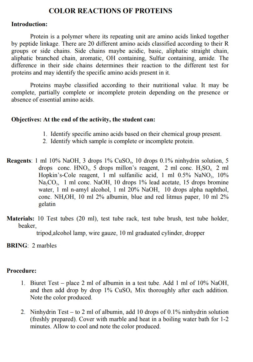 Solved COLOR REACTIONS OF PROTEINS Introduction: Protein is | Chegg.com