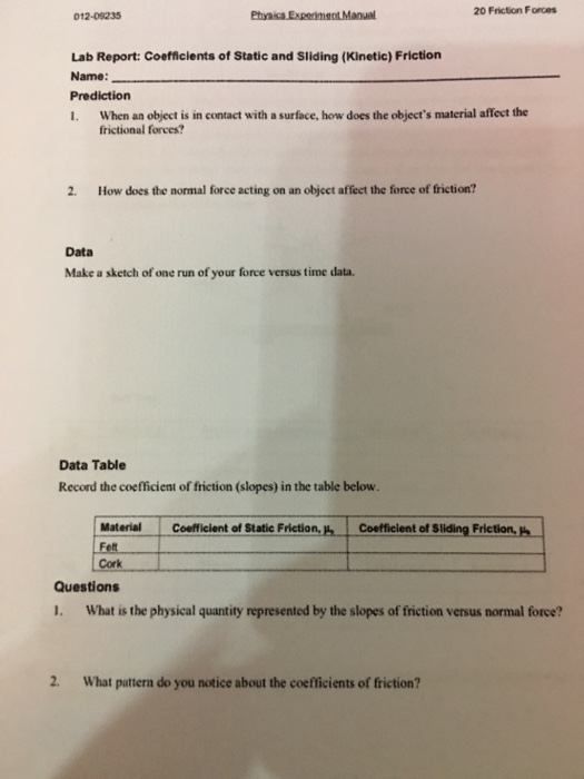 Solved 012-09235 Physics Experiment Manual 20 Friction | Chegg.com