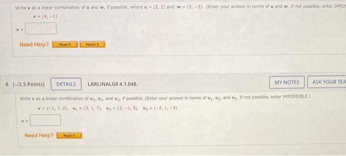 Solved Write v as a linear combination of u and w, if | Chegg.com
