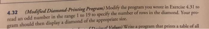 Solved 4.32 (Modified Diamond-Printing Program) Modify the | Chegg.com
