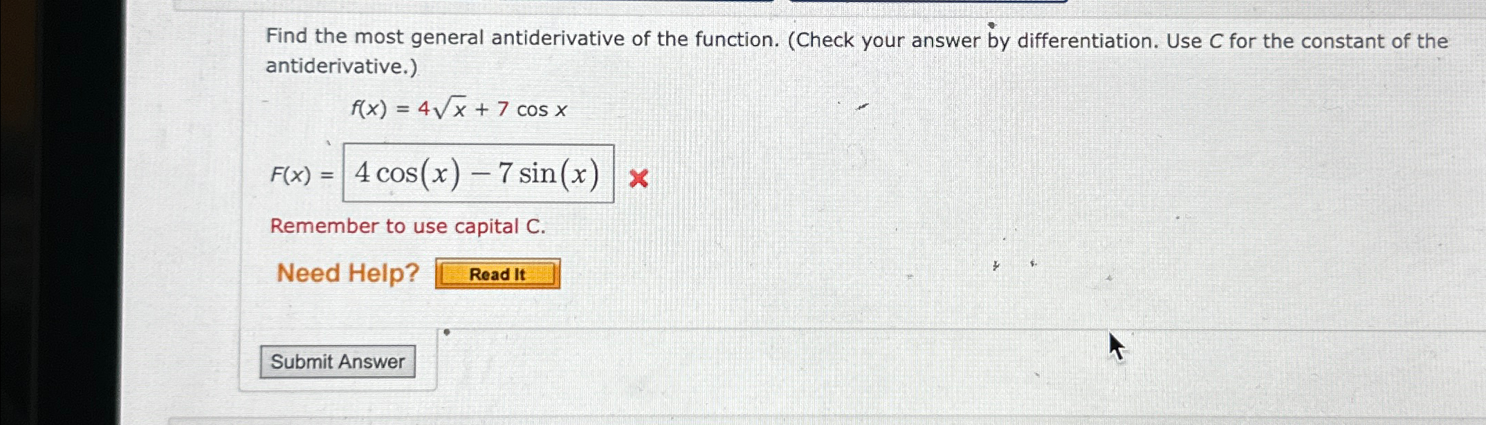 Solved Find The Most General Antiderivative Of The Function