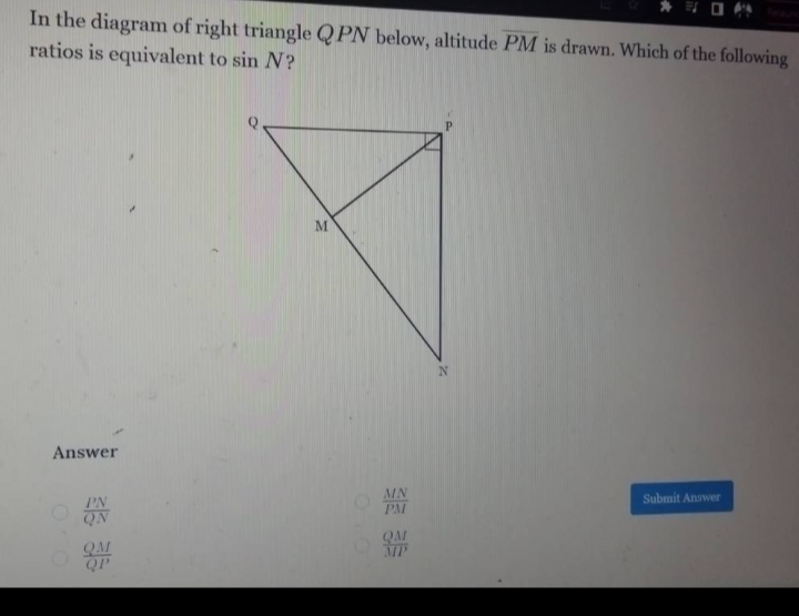 Solved In the diagram of right triangle \( Q P N \) below, | Chegg.com