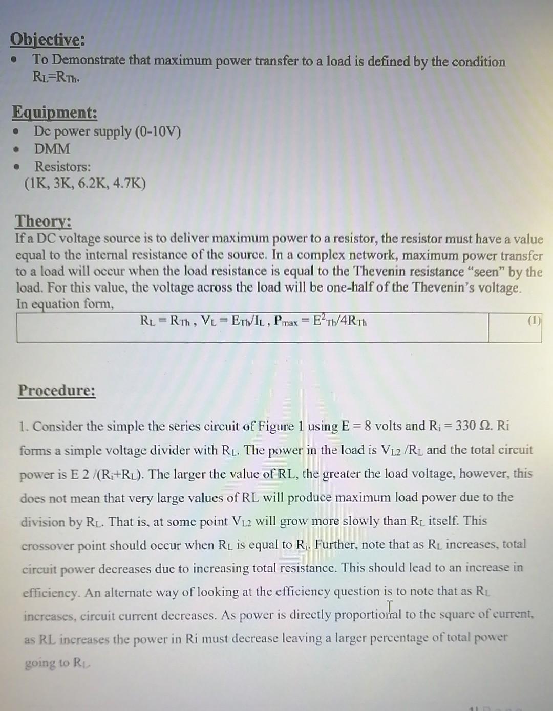 Solved Objective: To Demonstrate that maximum power transfer | Chegg.com