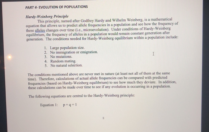 Solved PART 4-EVOLUTION OF POPULATIONS Hardy-Weinberg | Chegg.com