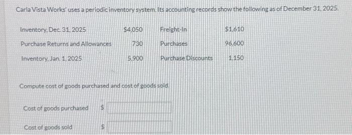 Solved Carla Vista Works' uses a periodic inventory system. | Chegg.com