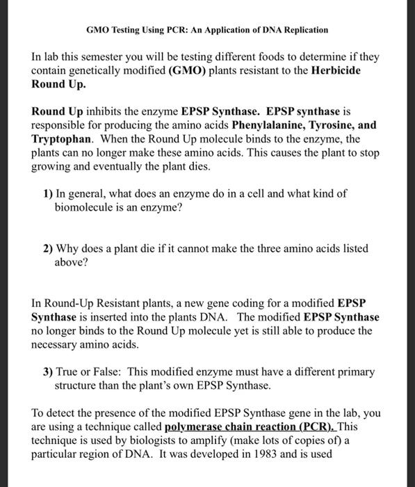 Solved GMO Testing Using PCR: An Application of DNA | Chegg.com