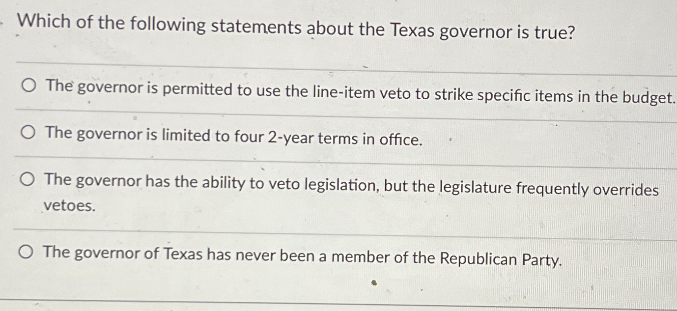 Solved Which of the following statements about the Texas | Chegg.com