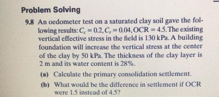 Solved Problem Solving 9.8 An oedometer test on a saturated | Chegg.com