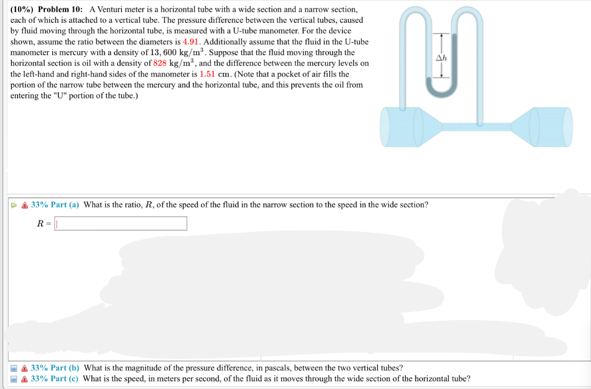 Solved (10%) ﻿Problem 10: A Venturi meter is a horizontal | Chegg.com
