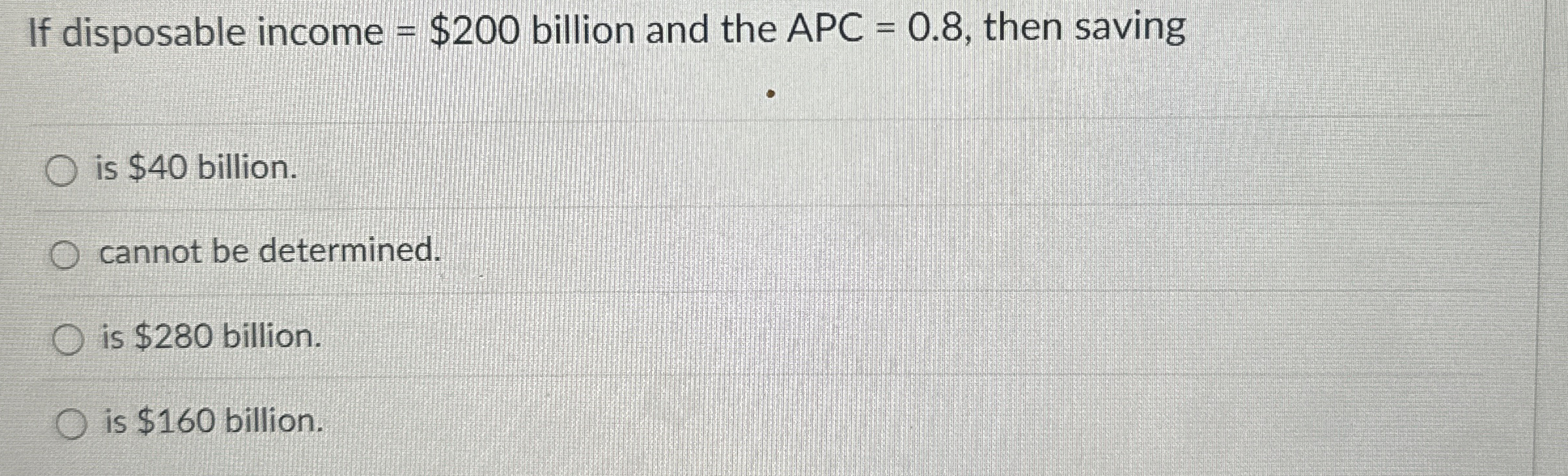 Solved If disposable income =$200 ﻿billion and the APC =0.8, | Chegg.com