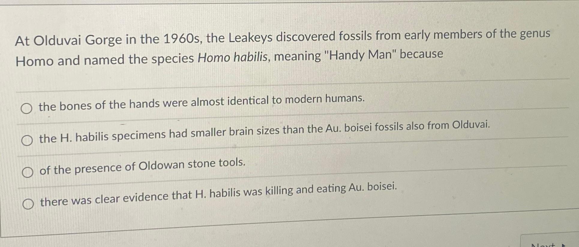 Solved At Olduvai Gorge in the 1960 ﻿s, ﻿the Leakeys | Chegg.com