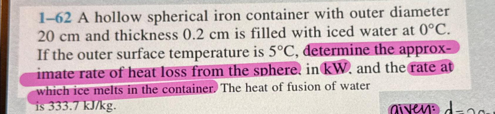 Solved 1-62 A hollow spherical iron container with outer | Chegg.com